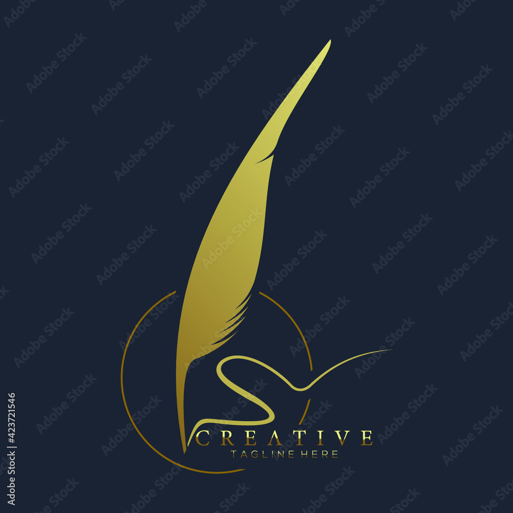 Elegant gold feather pen logo with circle line frame vector design ...
