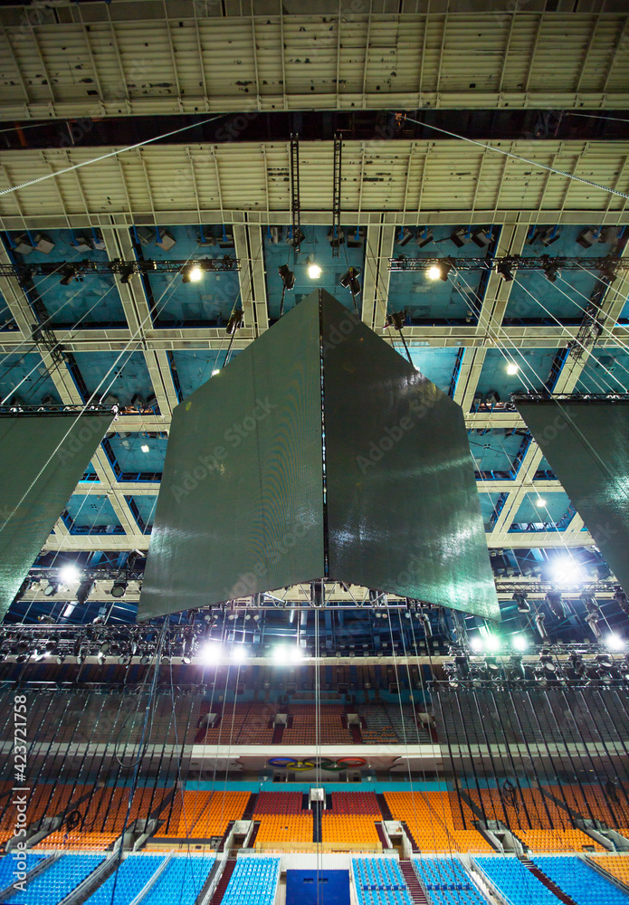 Professional video LED screens and stage lighting equipment are clamped ...