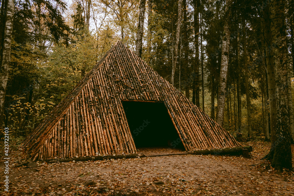 Pyramid of Wishes. Wooden pyramid in the mysterious Pokaini Forest near ...
