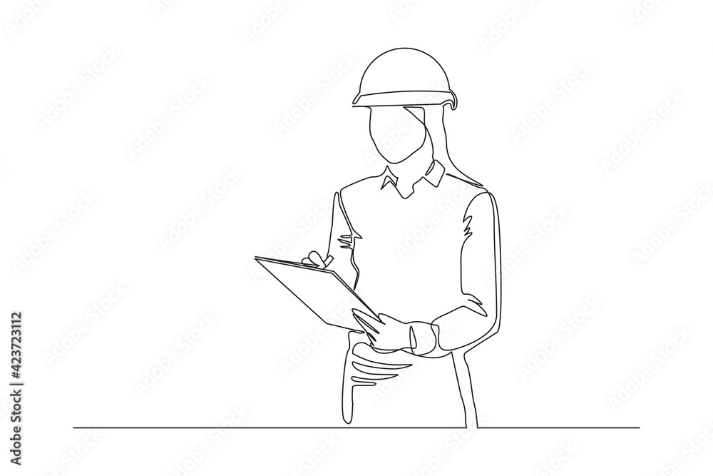 Continuous line drawing of young female architect engineer worker ...