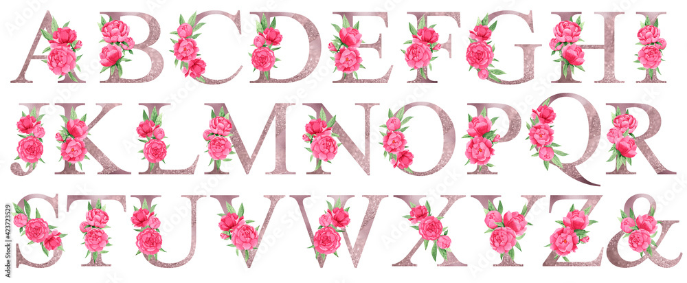 Watercolor dusty rose Gold Floral Alphabet Set with bright pink peonies ...