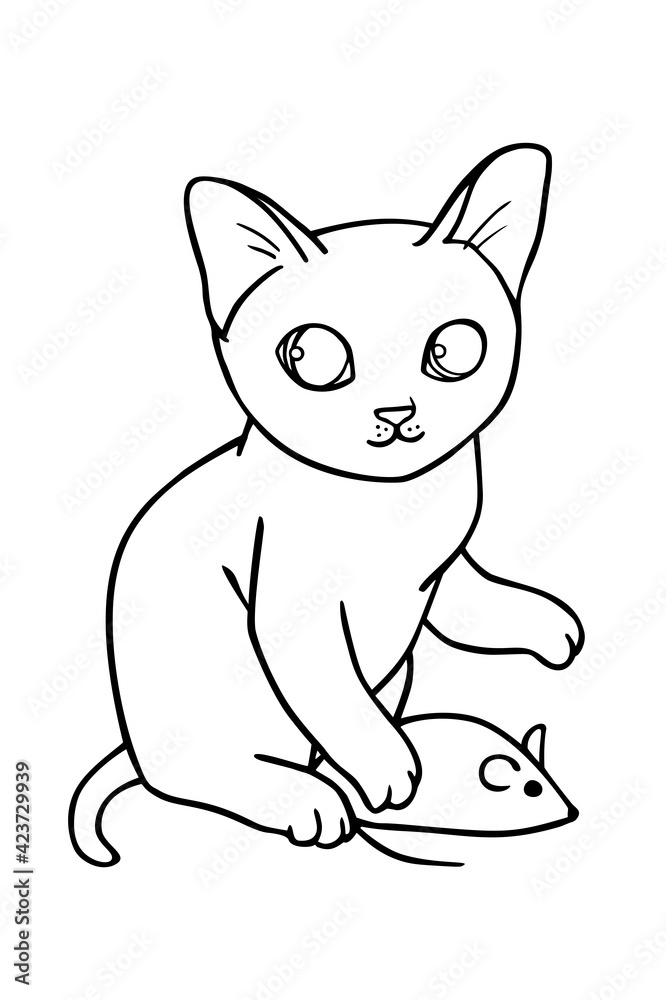 Vector cute kitten. Line art coloring book, black and white drawing ...