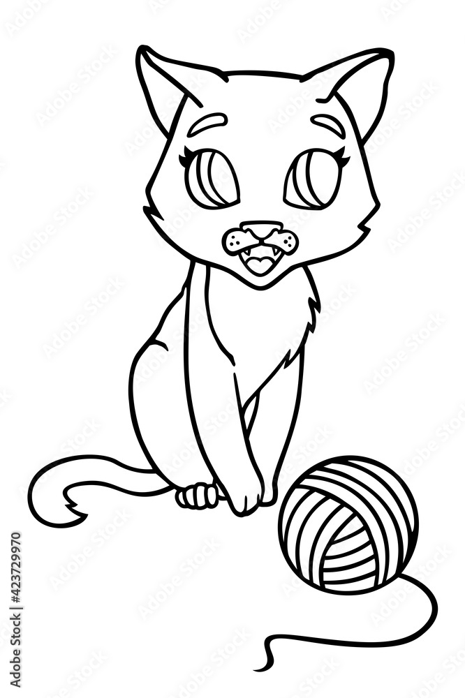 Vector cute kitten. Line art coloring book, black and white drawing ...