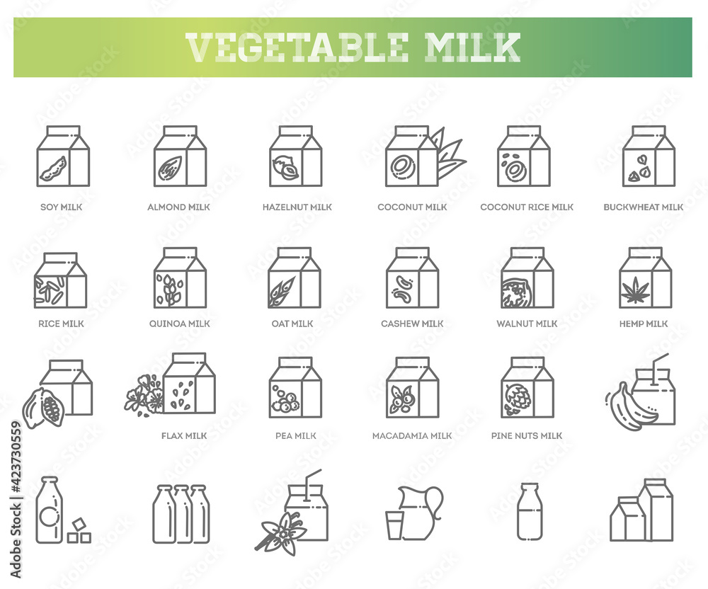 Alternative milk, vegan milk, vegetable milk simple thin line icon set ...