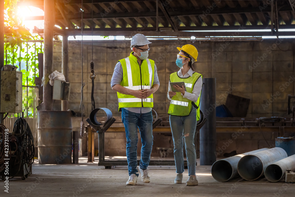 Portrait woman worker and engineer under inspection and checking ...