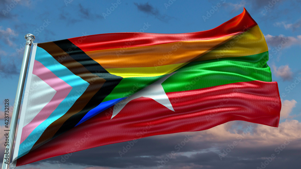 Myanmar Flag and New LGBT Rainbow Flag waving with texture Gray sky ...
