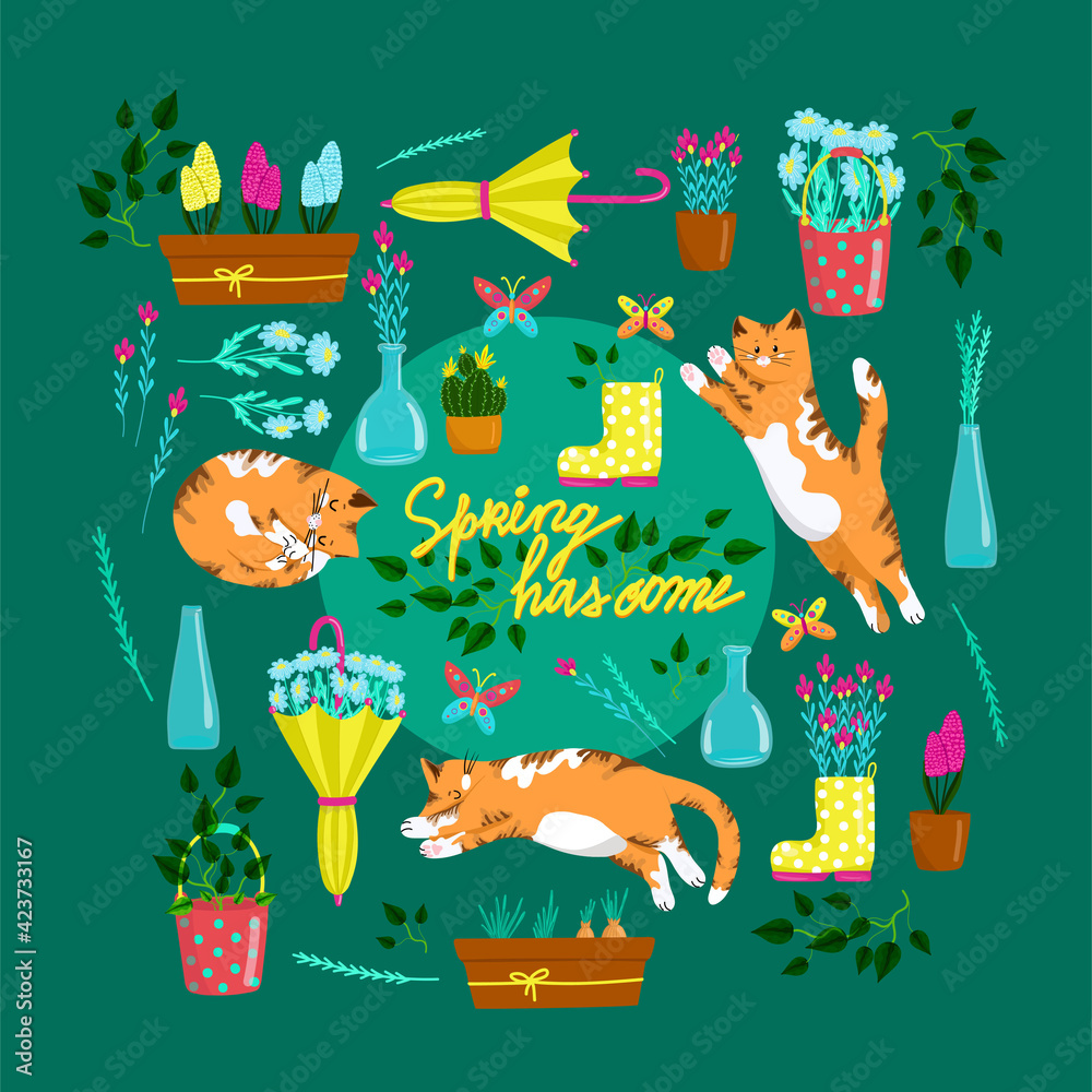 Collection of spring elements with cats in different poses, set of ...