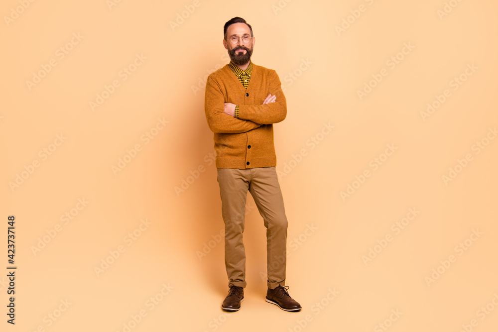 Full size portrait of satisfied kind man standing folded arms look ...