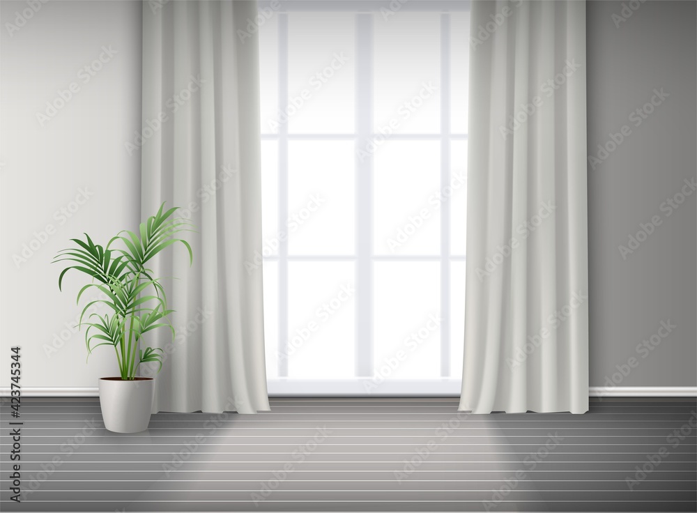 3d realistic vector room interior with big window with light and ...