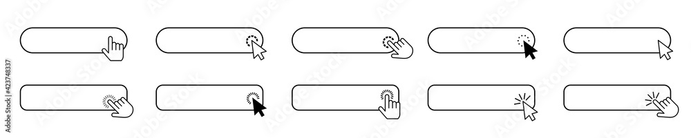 Set of web buttons with cursor and hand clicking. Linear button set ...