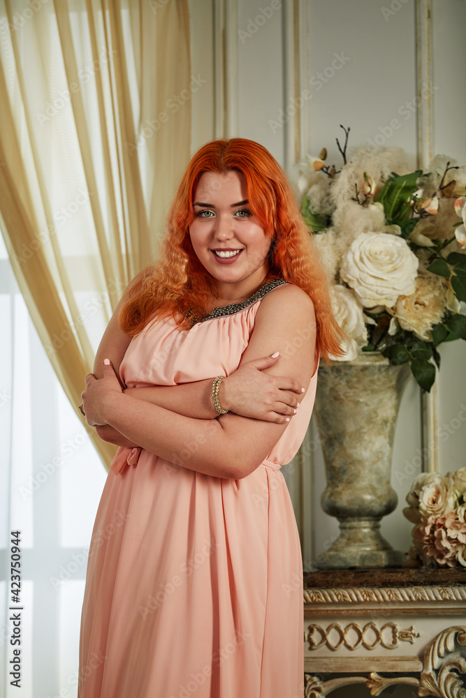 Plus size fashion model, fat woman on luxury interior, overweight ...