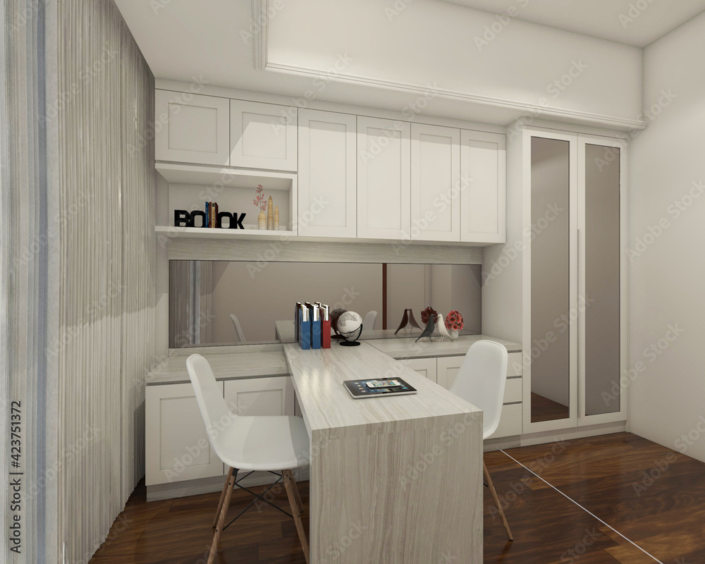 Workspace design with simple computer table desk, wall storage cabinet ...