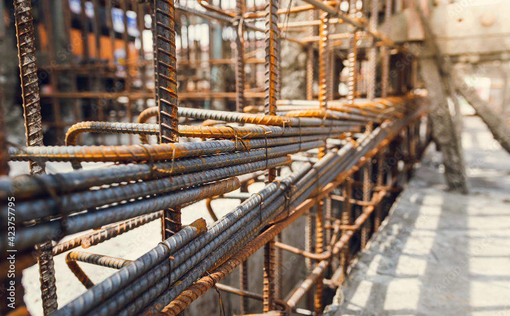 Construction steel rods or bars work reinforcement in conncrete ...
