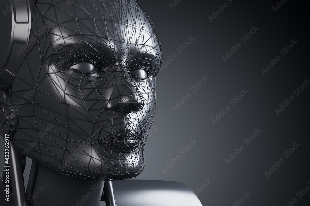 Big black computer face, full face, black background, AI concept Stock ...