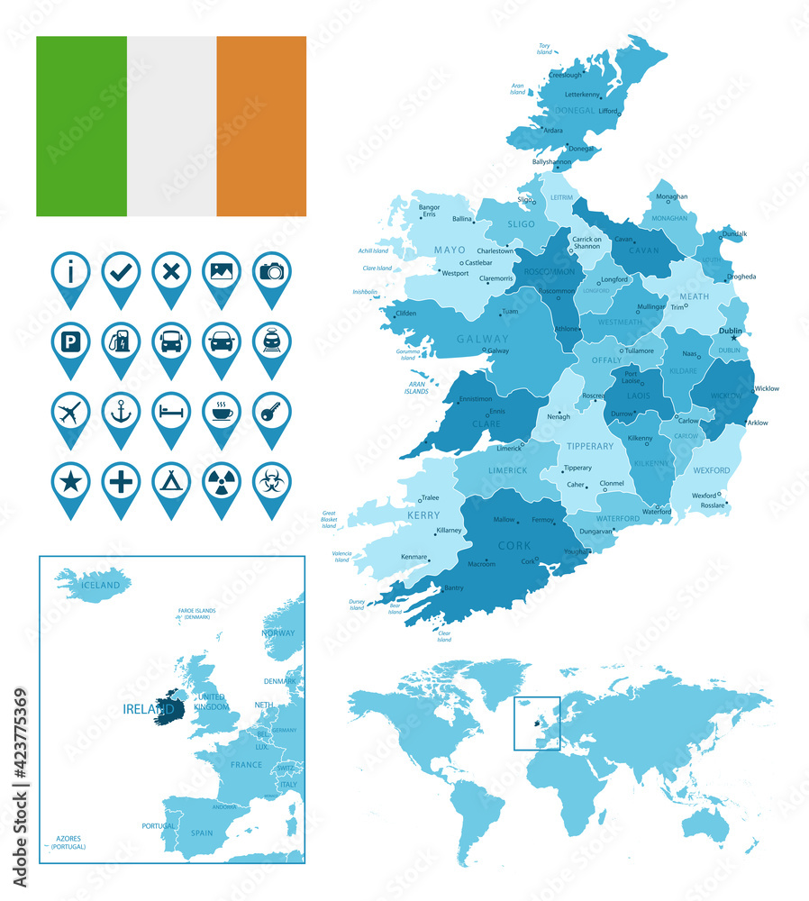 Ireland detailed administrative blue map with country flag and location ...