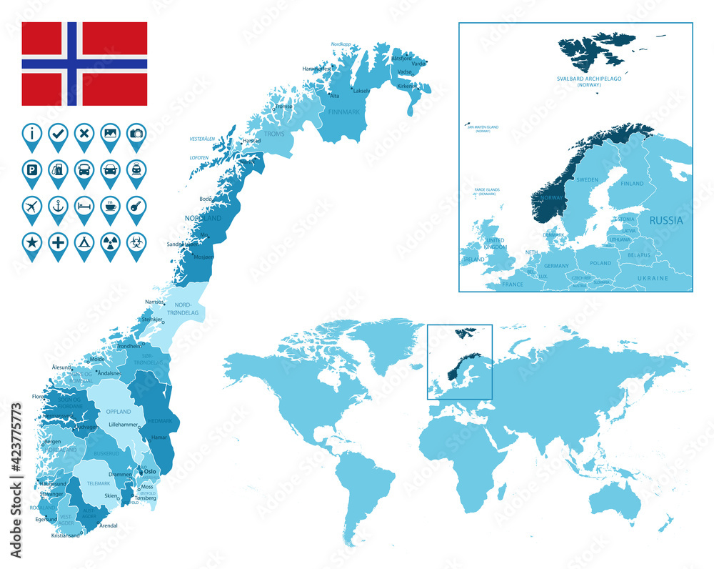 Norway detailed administrative blue map with country flag and location ...