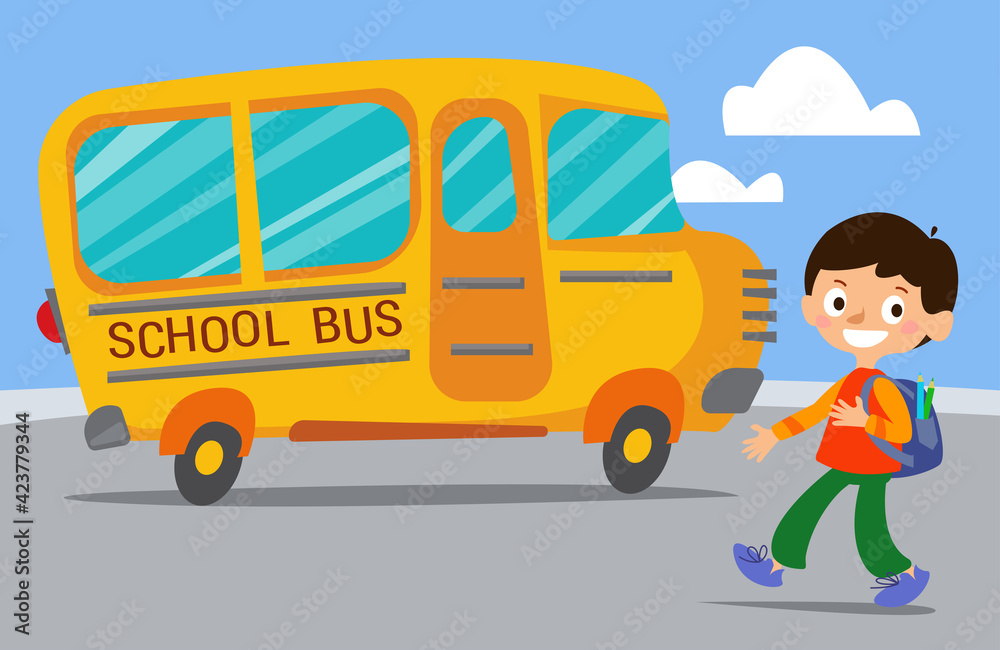 Kids walking to and getting on school bus. Driver waving hand to pupils ...