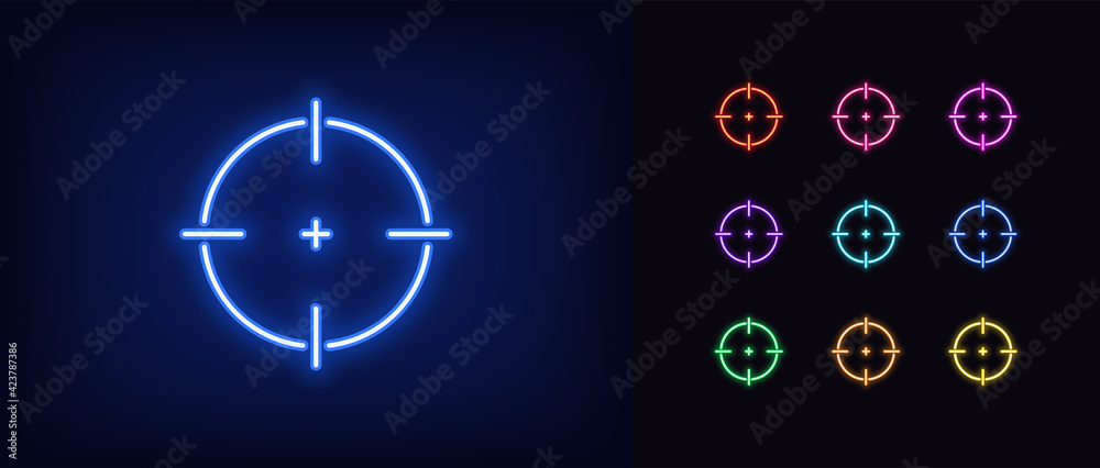 Neon aim icon. Glowing neon target sign, outline crosshair silhouette ...