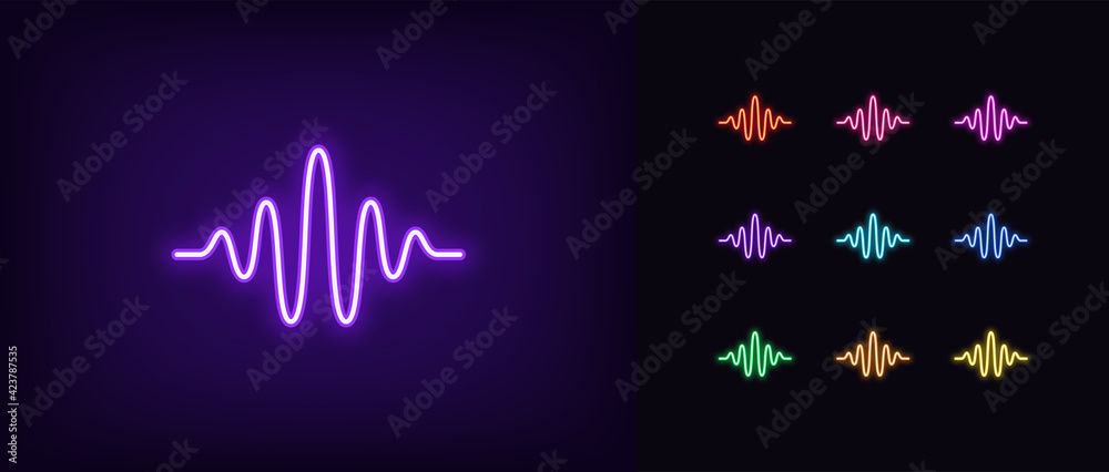 Neon sound wave icon. Glowing neon waveform sign, outline voice ...