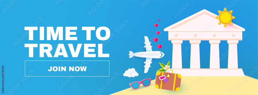 Summer vacation. Time to travel. Tourism flyer templatr with antique ...