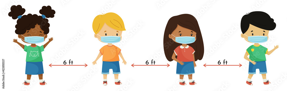 PrintVector set with happy kids wearing face mask and keep social safe ...