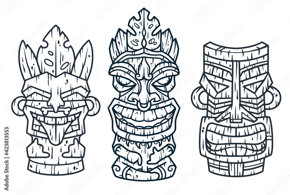 Set of trendy hawaii wooden tiki mask for surfing bar. Traditional ...