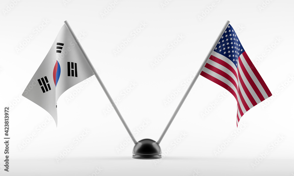 Stand with two national flags. Flags of South Korea and the USA ...