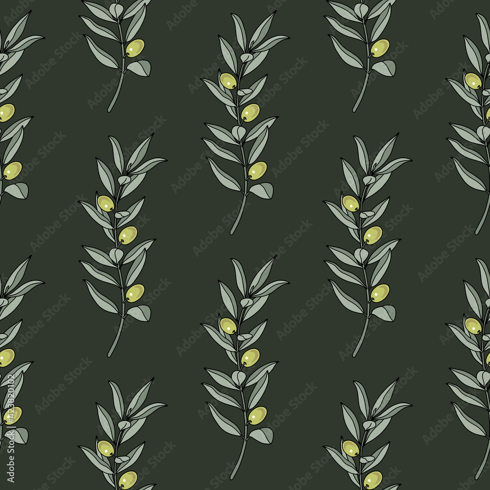 Cartoon Olive Tree Branch seamless pattern. Plant with green Leaves and ...