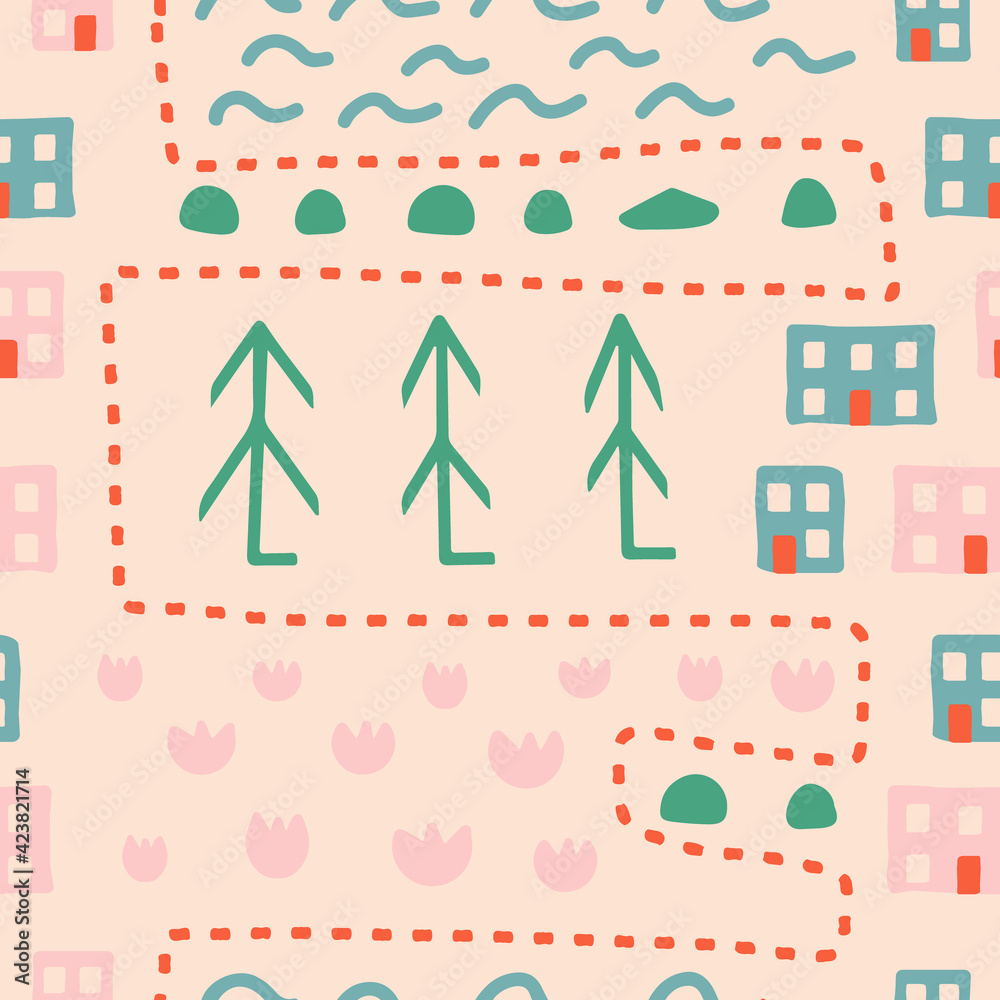 Childish pattern with woods, buildings, flowers. Abstract map seamless ...