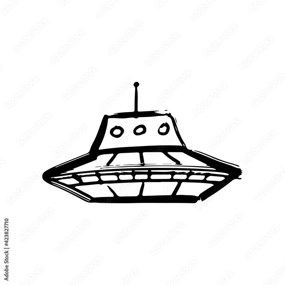 Ufo icon. Flying saucer. Black ink outline sketch drawing. Vector ...