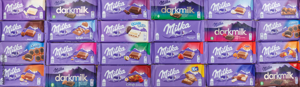 Milka chocolate chocolates different types variety background banner ...