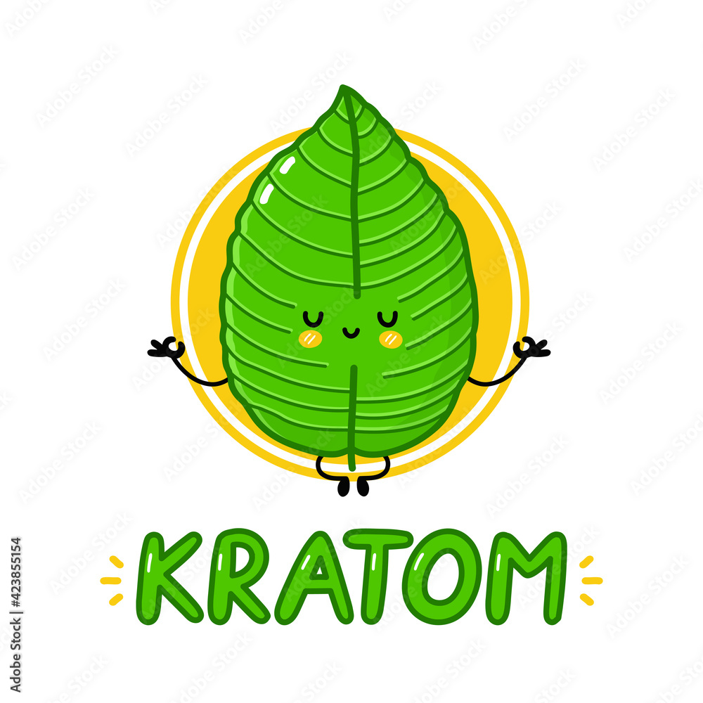 Cute funny kratom leaf meditate character logo design. Vector flat line ...