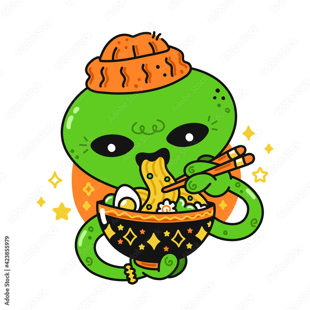 Cute funny happy alien eat asian ramen with chopsticks. Vector flat ...