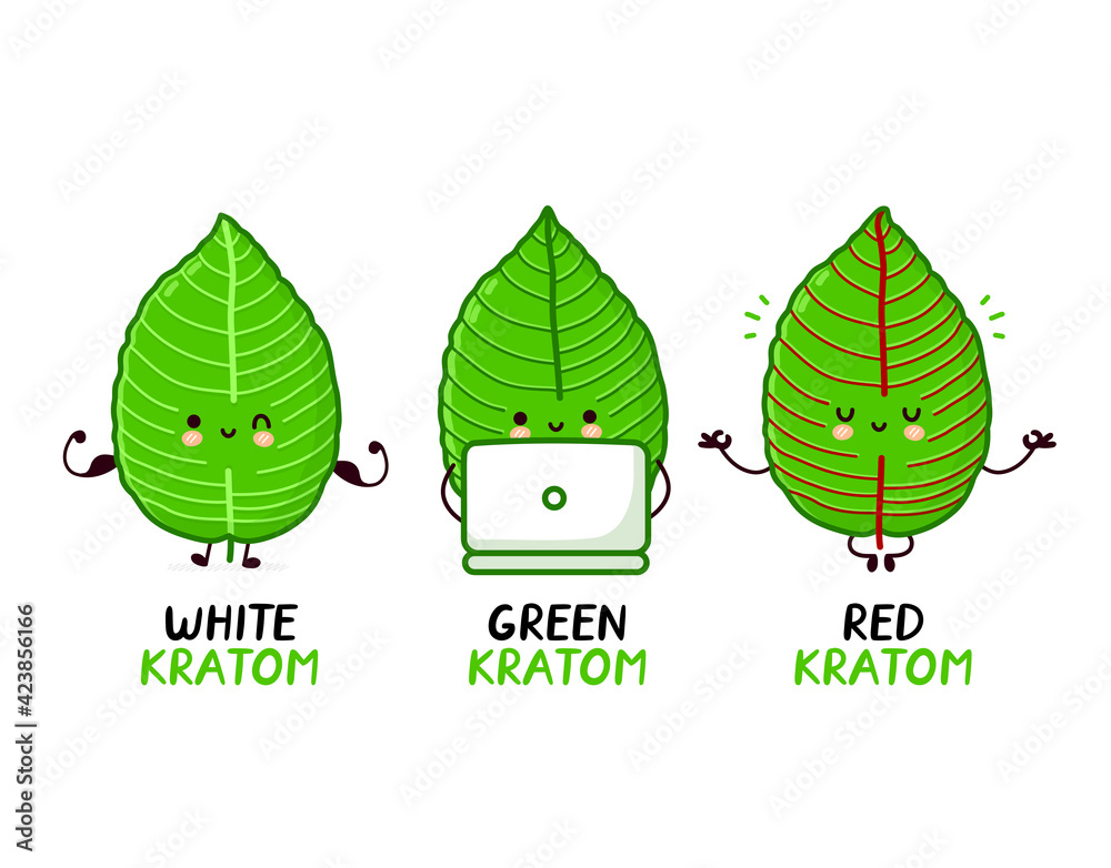 Red, green, white kratom strains. Cute funny kratom leaf character set ...