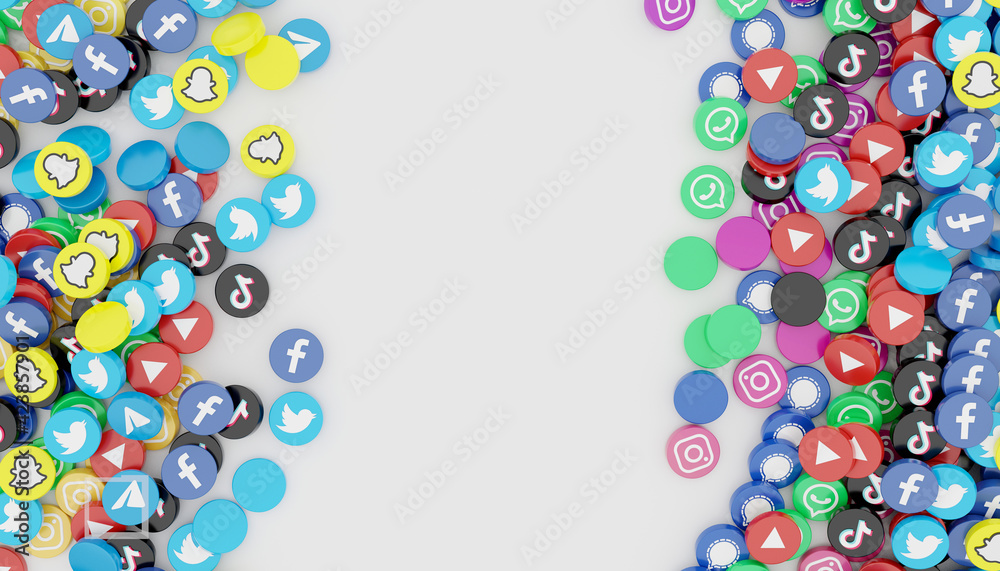 Pile of popular social media logo white background clean and simple 3d ...