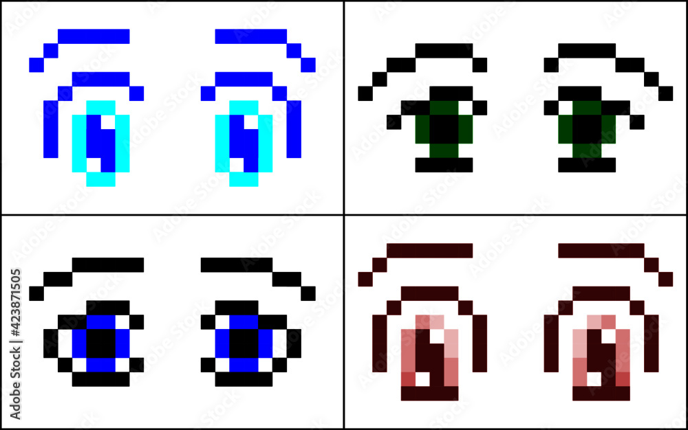 Set of four vector isolated pixel pairs of eyes with eyebrows. Pixel ...
