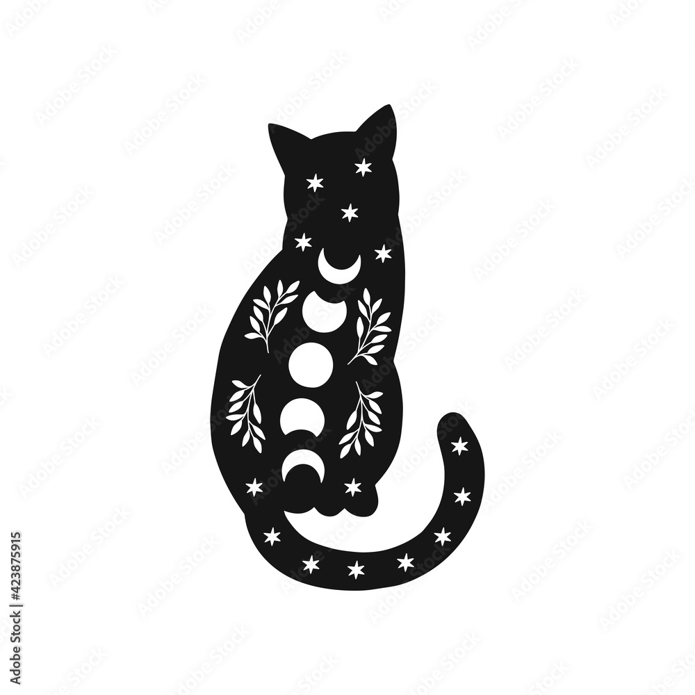 Mystical moon cat. Black celestial animal vector illustration. Esoteric ...