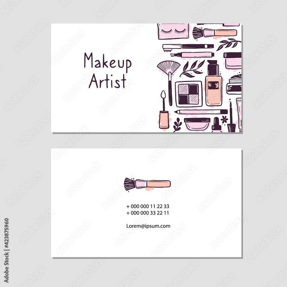 Visit card with makeup beauty cosmetic elements, mascara, cream bottle ...