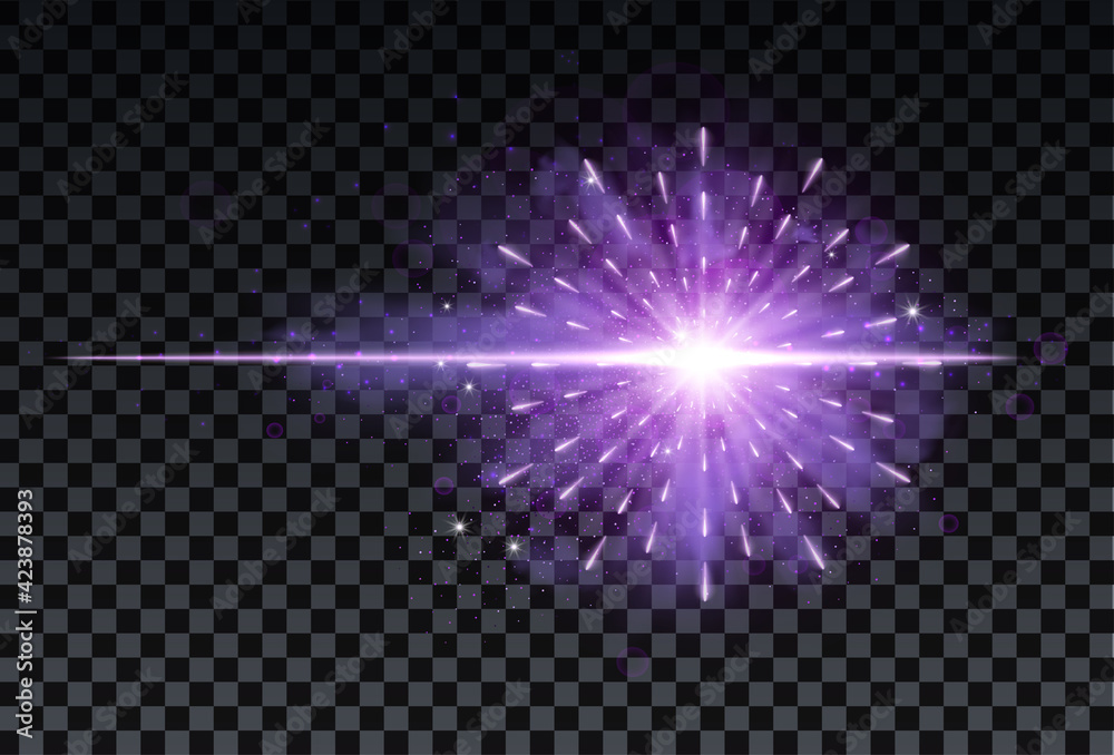 Purple burst with sparkle rays and lens flare effect. Glowing stars ...