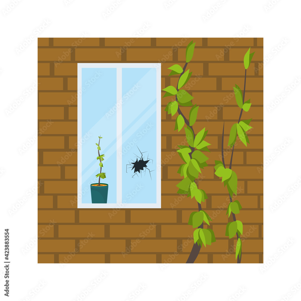 Broken window. The glass is damaged or cracked. Sharp shards. Building ...