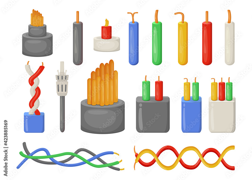 Cartoon electrical cables flat vector illustrations set. Collection of ...