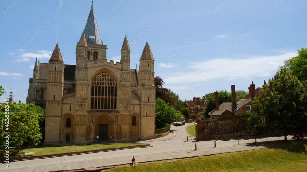 Establishing shot revealing the Rochester Cathedral, an English church ...