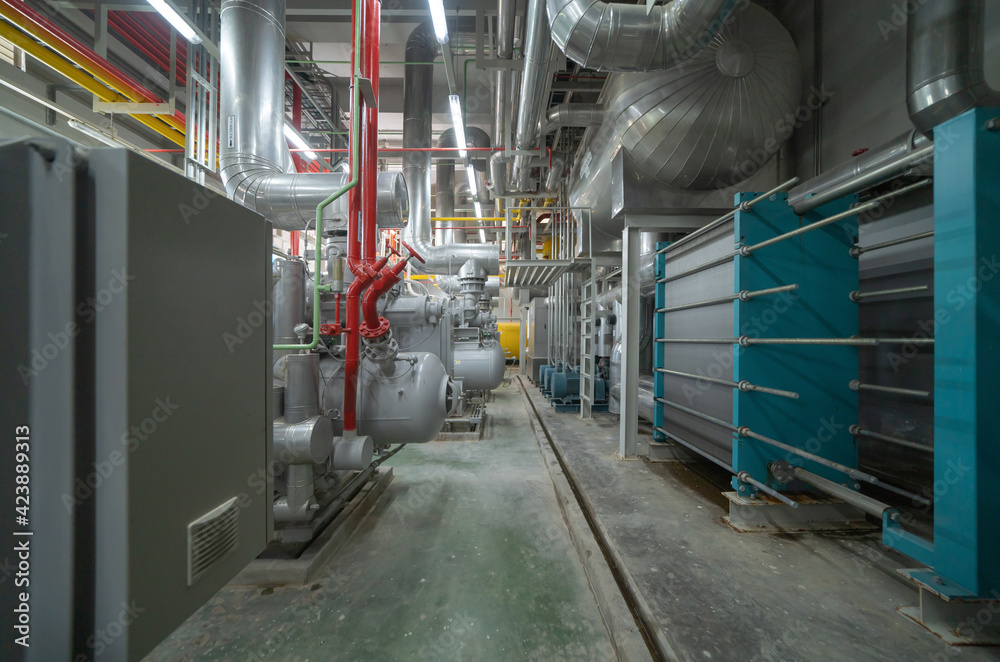 Inside of Industry factory. Chiller tower or cooling tower in building ...
