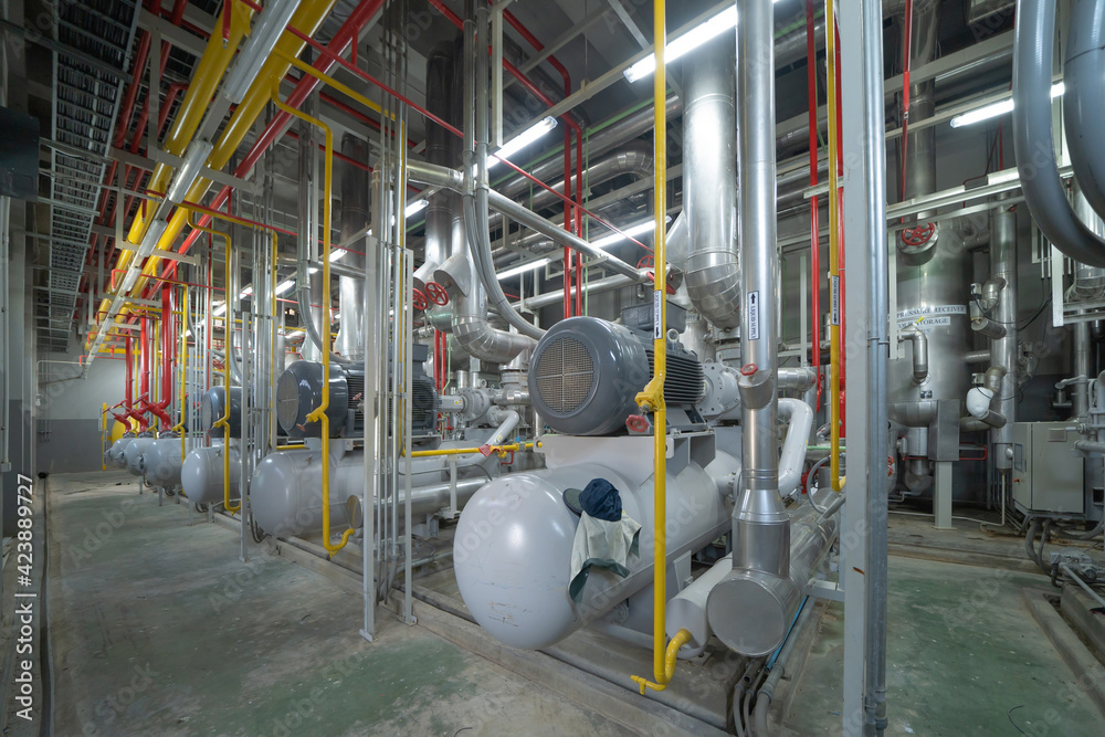 Inside of Industry factory. Chiller tower or cooling tower in building ...