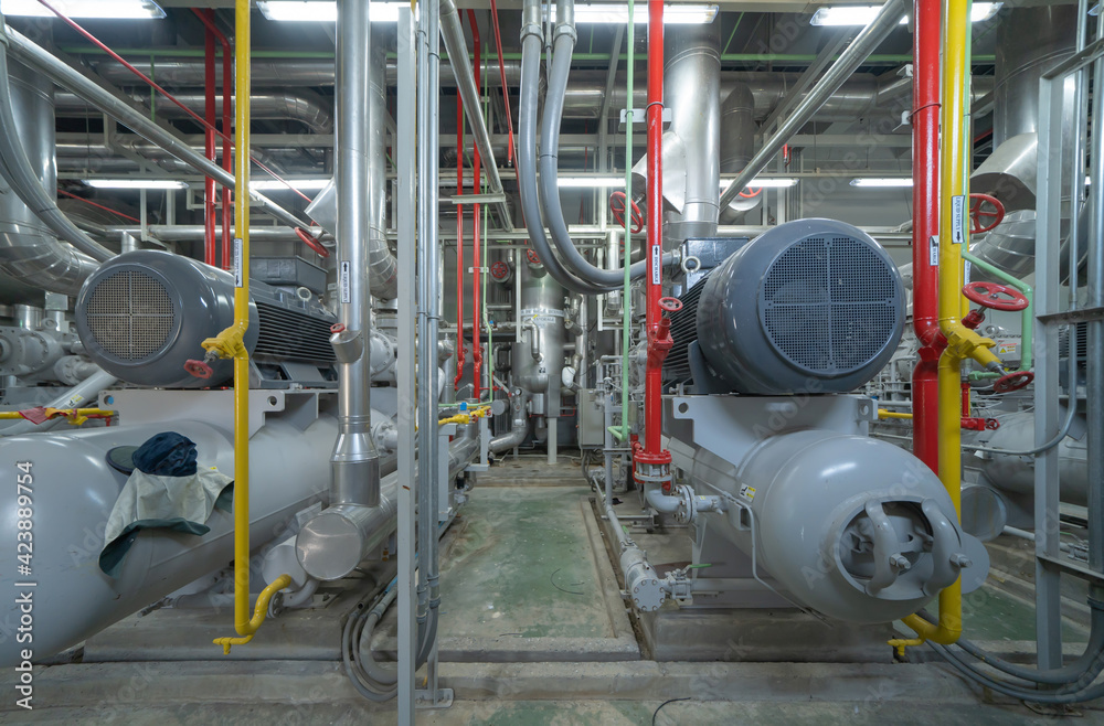 Inside of Industry factory. Chiller tower or cooling tower in building ...