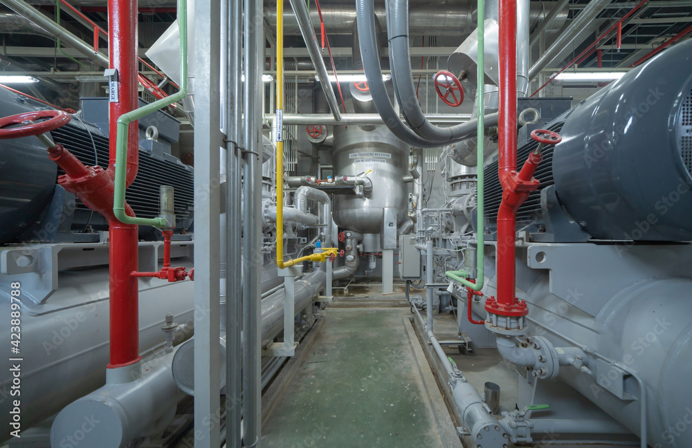 Inside of Industry factory. Chiller tower or cooling tower in building ...