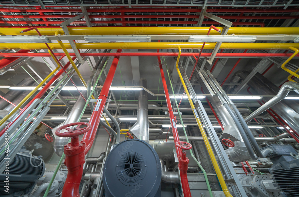 Ceiling of Industry factory. Chiller tower or cooling tower in building ...
