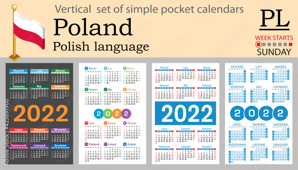 Polish vertical pocket calendar for 2022. Week starts Sunday Stock ...