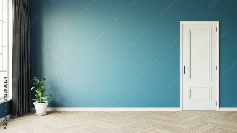 Modern style empty blue room with wooden floor window sun light effect ...