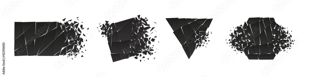 Shape shattered and explodes flat style design vector illustration set ...